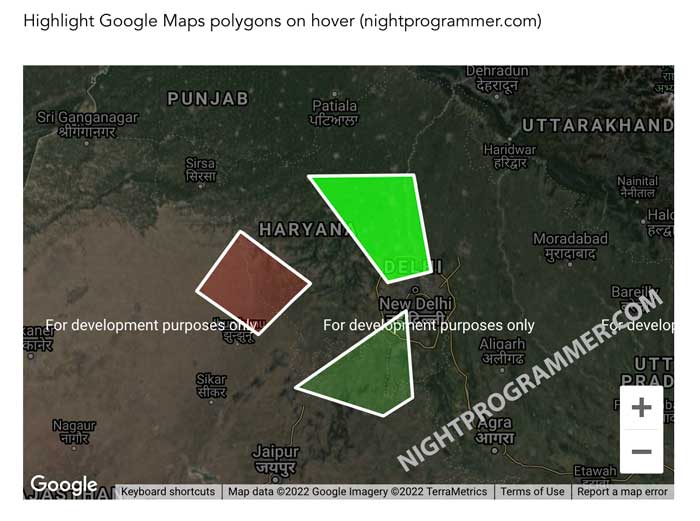 Highlight polygons on hover in Vue.js using Google Maps JavaScript